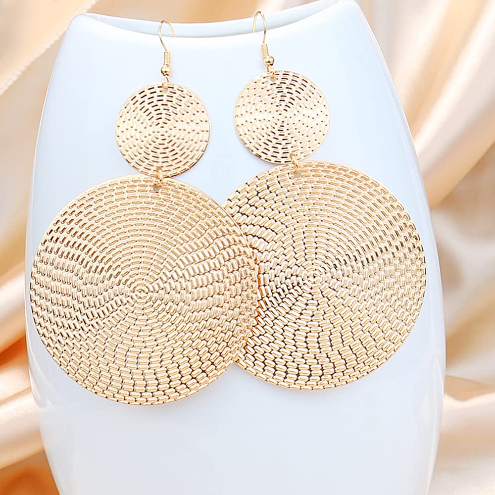 Large Double Circles Round Dangle Drop Earrings Geometric Statement Handmade Bohemian Dangling Earring Hook Studs Fashion Jewelry for Women Girls Yellow Gold (Yellow Gold)