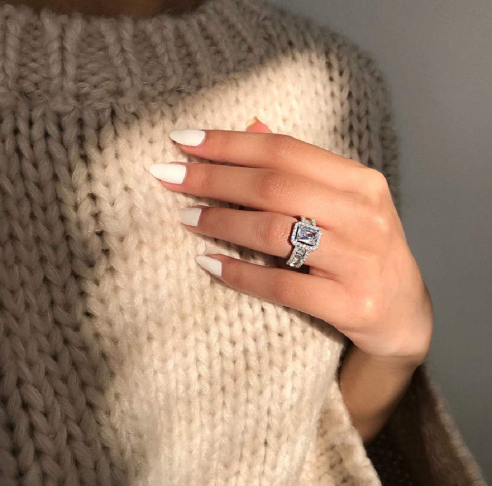 LVTING Princess Cut Cubic Zirconia Ring 925 Silver Engagement Wedding Ring CZ Simulation Diamond Ring Gorgeous Personality Square Wheel Ring Marriage Studded Ring for Women (7#)
