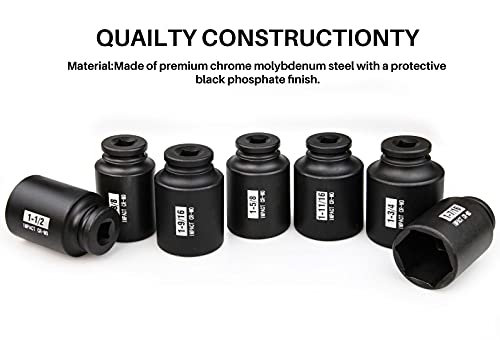 SEKETMAN 7Pcs 1/2" Drive Deep 6-Point Impact Socket Set/Spindle Nut Impact Socket Set, Inch, Cr-Mo,1-3/8-Inch - 1-3/4-Inch