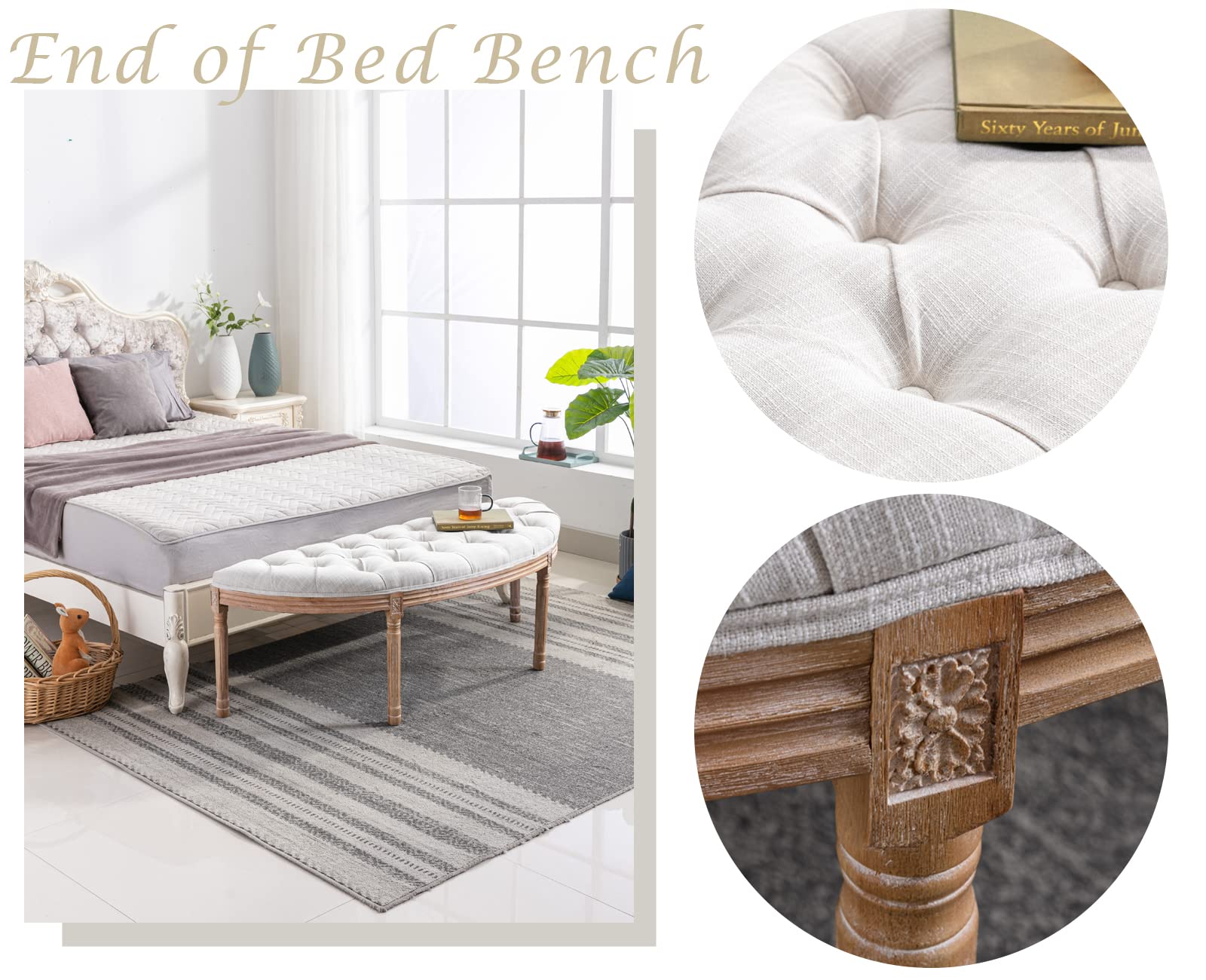 Janoray Farmhouse Upholstered Tufted Bench Wooden Half Moon Entryway Ottoman for Front Hallway Corner Window Bedroom End of Bed Living Room Coffee Table, Beige