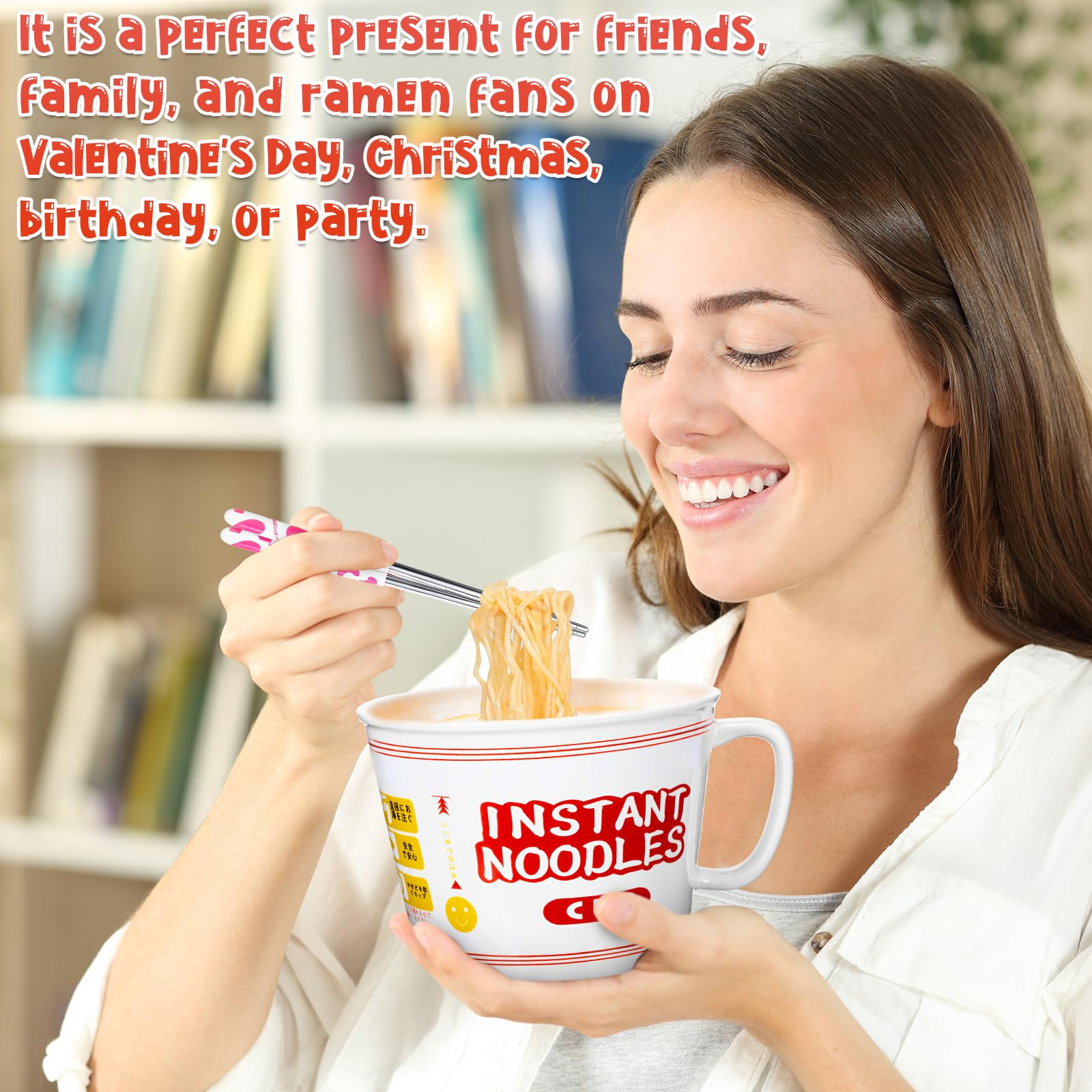Norme 2 Sets Ramen Bowl Set with Chopsticks 34 oz Instant Ramen Noodle Bowls with Lid Cute Soup Mug Instant Noodles Cup Large Japanese Soup Bowls with Handle for Kitchen