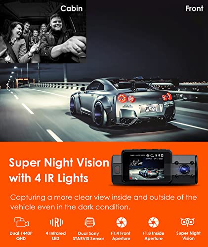 Vantrue N2S 4K Dash Cam with GPS, Front and Inside Dual 2.5K 1440P, IR Night Vision Uber Car Camera, 24/7 Recording Parking Mode, Motion Detection, 256GB Supported