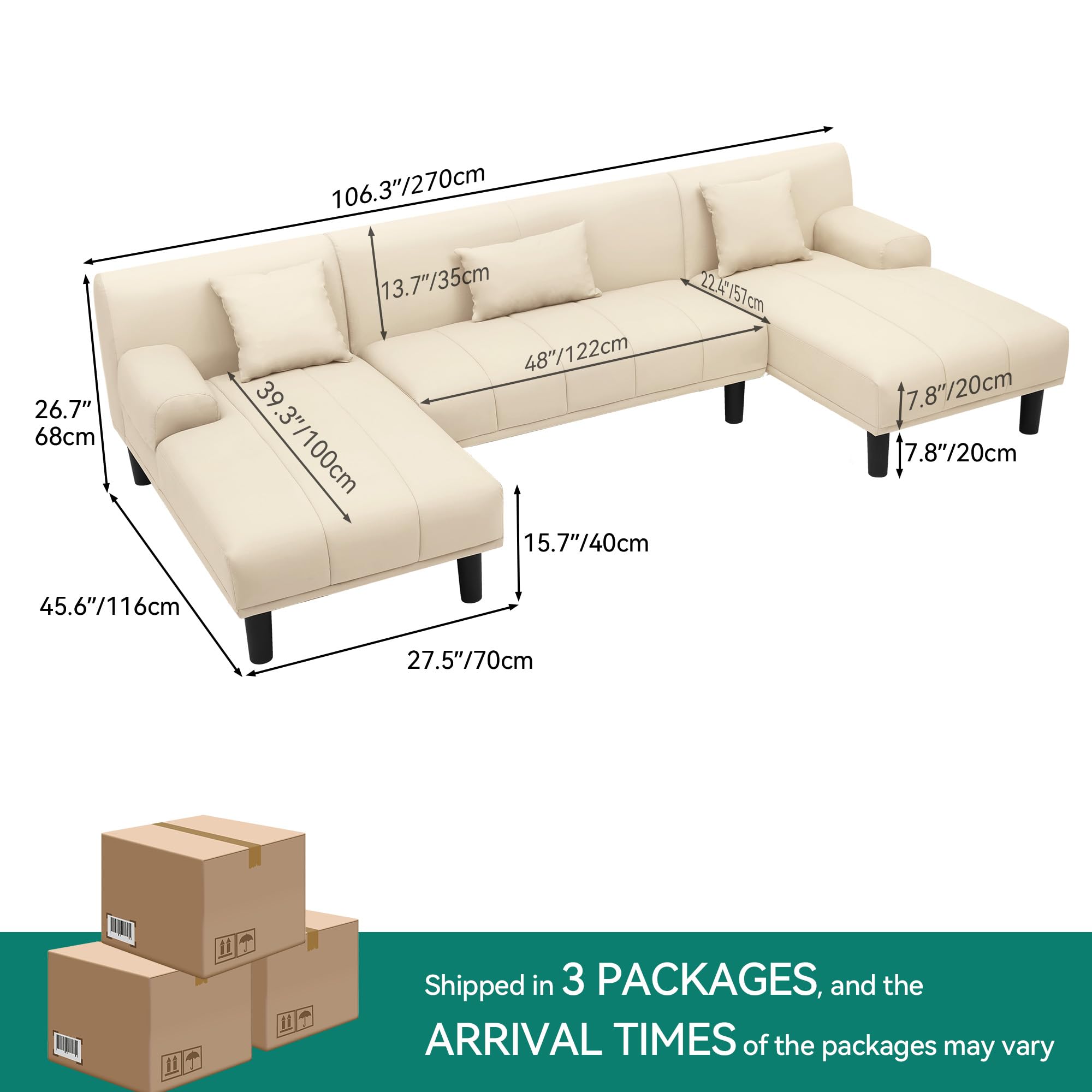 YITAHOME Sectional Couches for Living Room, U Shaped Sofa Faux Leather Modern Modular Couch Sofa with USB & Type C Charging Ports Double Chaise and Comfy Upholstered, Beige