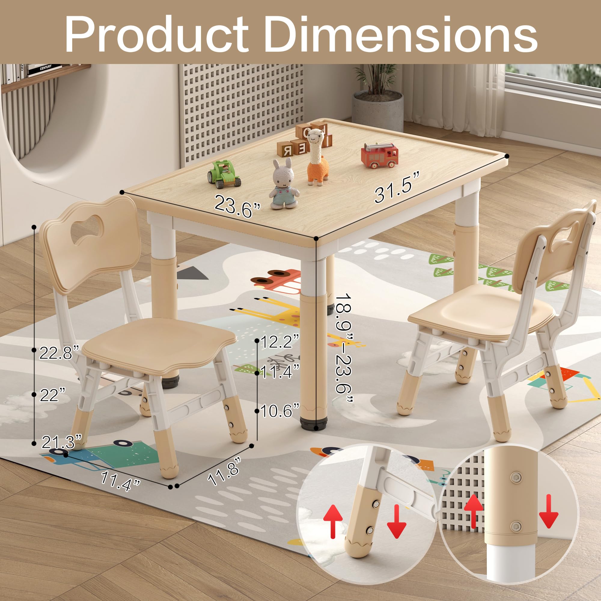 YAIWOMI Kids Table and Chairs Height Adjustable, Toddler Table and Chairs, 31.5''L x 23.6''W Graffiti Table with 4 Chairs, for Reading, Drawing, Eating, for Ages 3-8, Grey