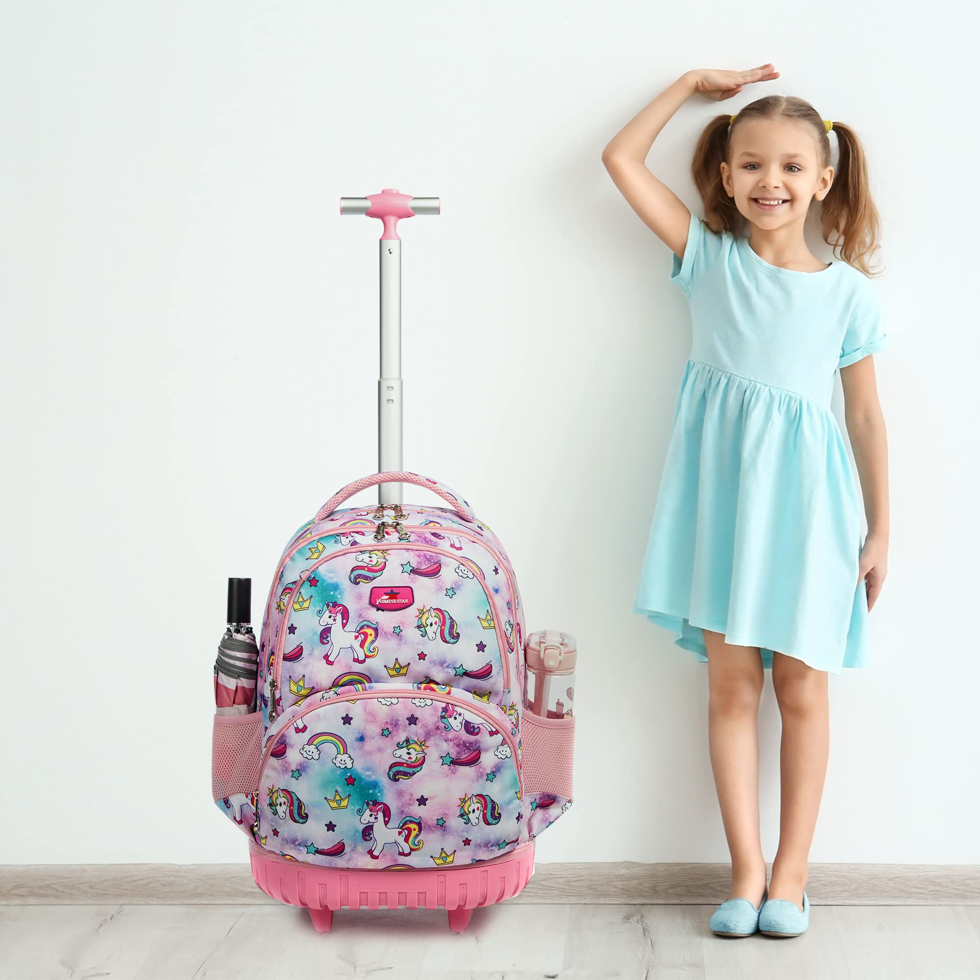 Jasminestar Rolling Backpack 18 inch Wheeled Kids Backpack with Lunch Bag and Pencil Case for Boys and Girls