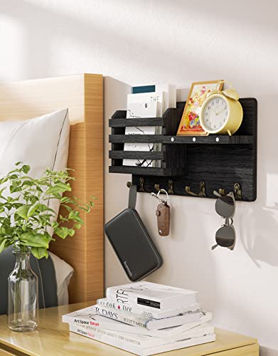 SWTYMIKI Mail Holder for Wall with Magnet Hanging, Rustic Wooden Key Holder with Key Hooks Wall Mounted Key Hanger Organizer for Entryway, Mudroom, Hallway, Living Room and Office, Black