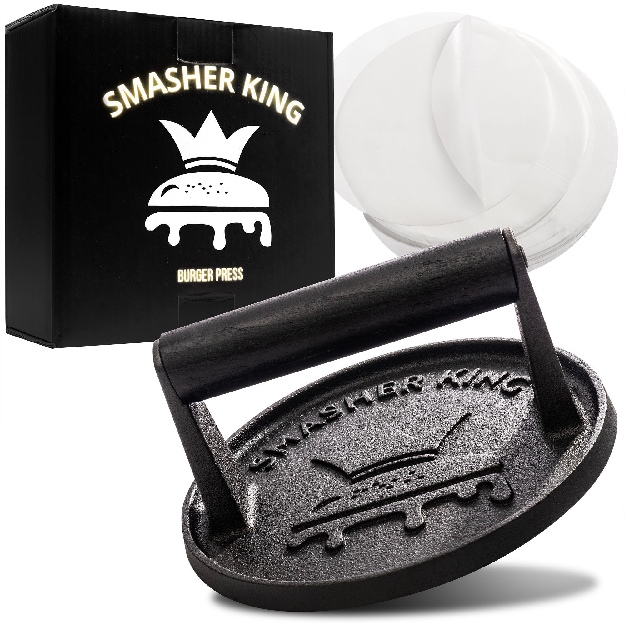 SMASHER KING⢠- Premium Cast Iron Smash Burger Press incl. 25 pcs of Patty Paper, Burger Smasher for Griddle with Black Wood Handle, Perfect Hamburger Press, Meat Press, Bacon Press, Sandwich Press