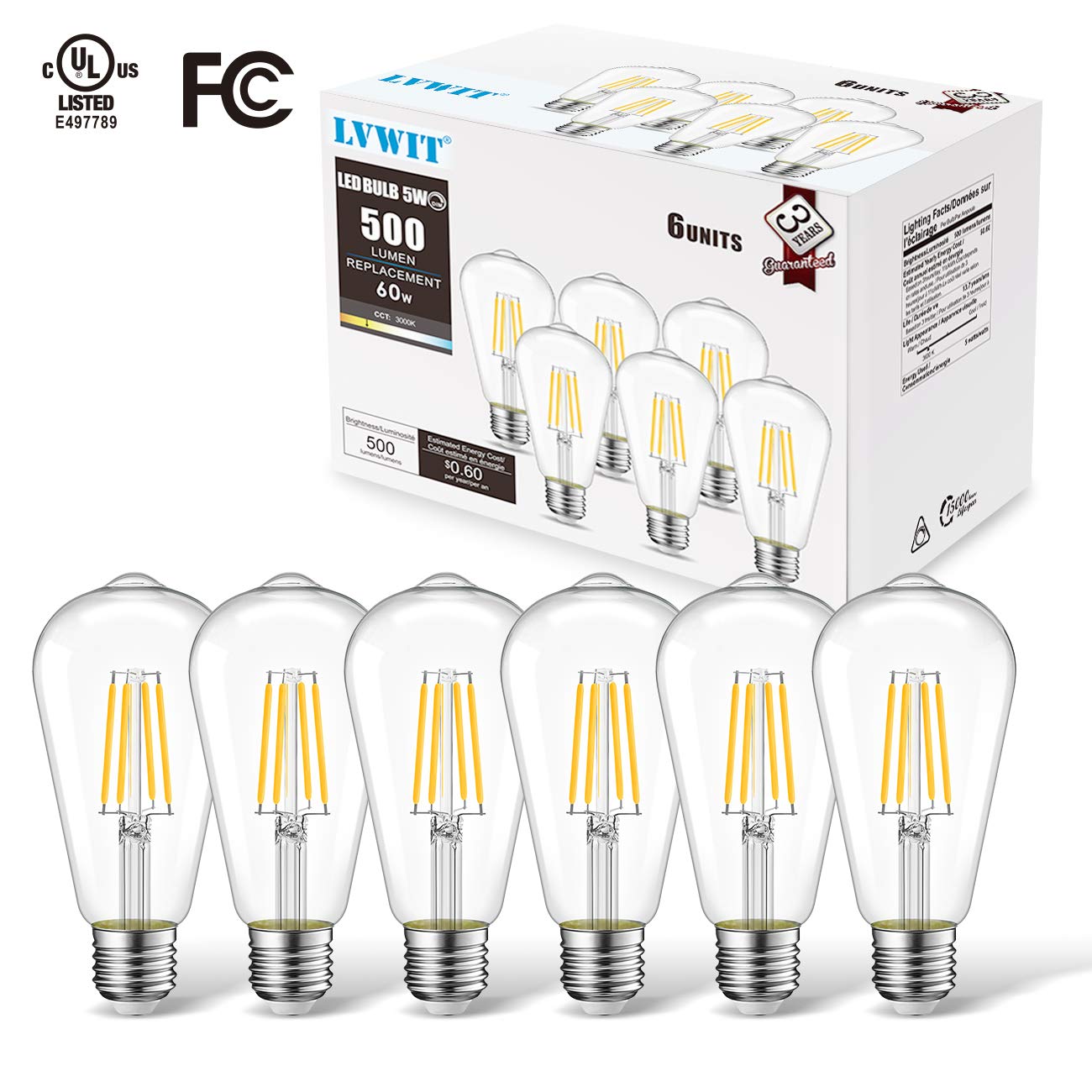 LVWIT Dimmable Vintage Edison Light Bulbs ST21 LED Filament Bulb 5W(60 Watt Equivalent) 3000K Soft White E26 Medium Base, Clear Glass(6-Pack)
