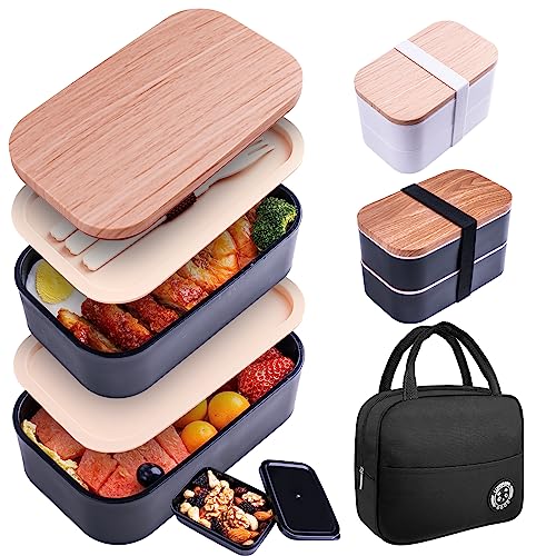 Uybieef Bento Box Adult Lunch Box with lunch bag,Japanese Lunch Box Containers for Adult,Bento lunch Box with Leakproof 54OZ Black