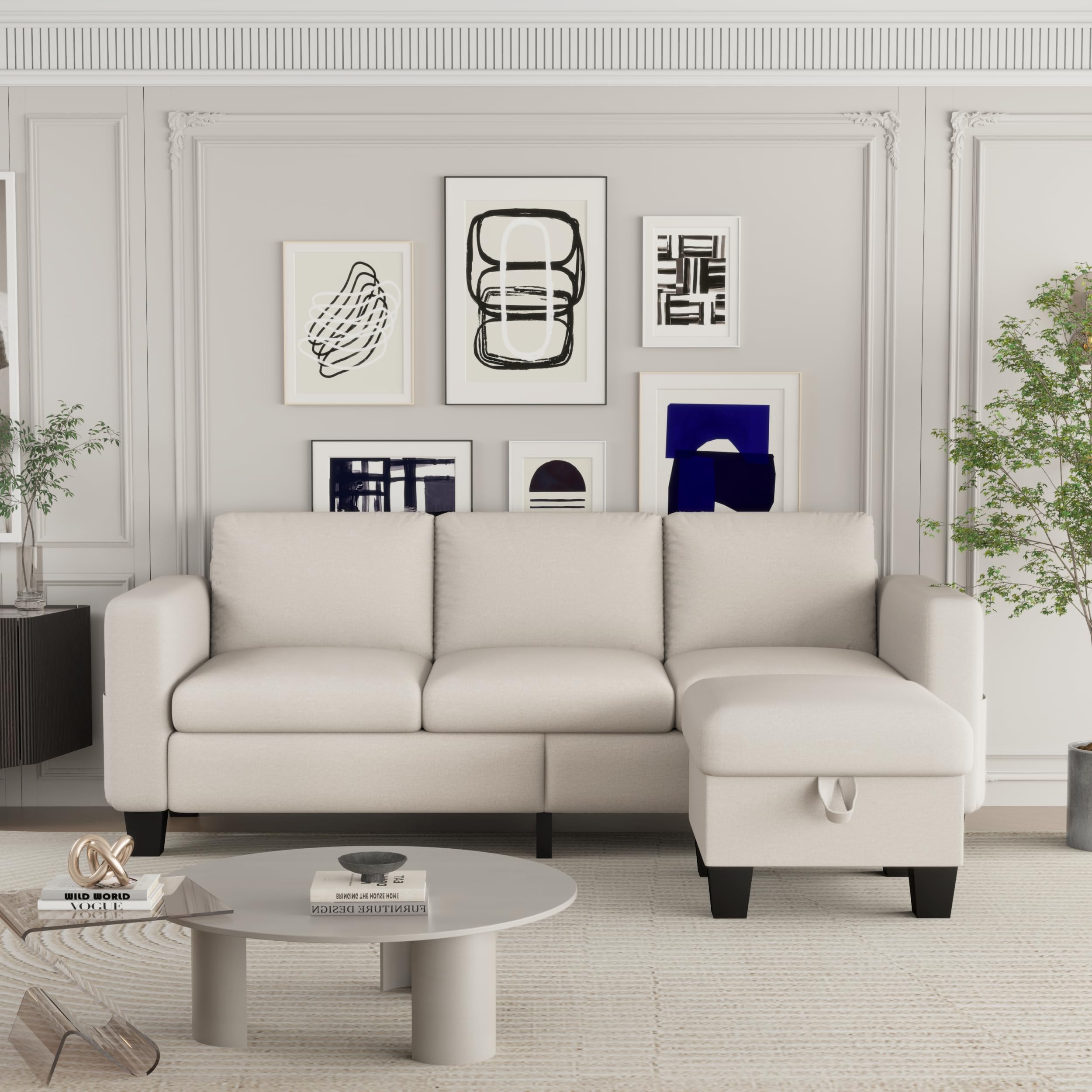 ZeeFu Convertible Sectional Sofa Couch: 3 Seat Black Velvet L-Shaped Sectional Sofa Couches with Storage Ottoman-Modern Classic Upholstered Sofa Couch Set for Living Room Office Apartment Small Space