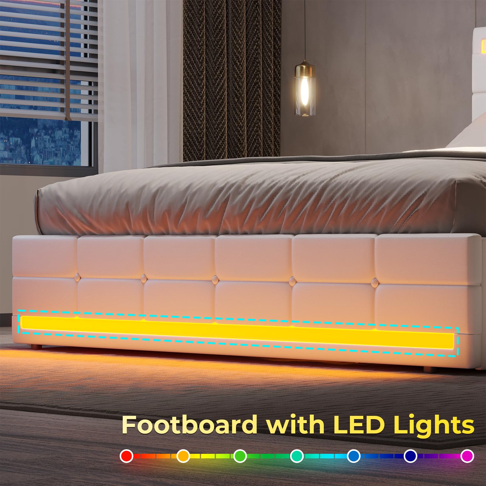 HAUOMS King Bed Frame with LED Lights Leather Platform Bed with Storage Drawers and Charging Station, LED Bed Frame King Size with Adjustable Headboard, No Box Spring Needed, White