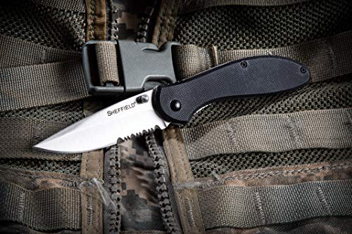 Sheffield 12164 Berda Assisted Open Knife, 3 Inch Blade EDC Knife, for Survival Gear, Self Defense, and More, G10 Handle, Partially Serrated