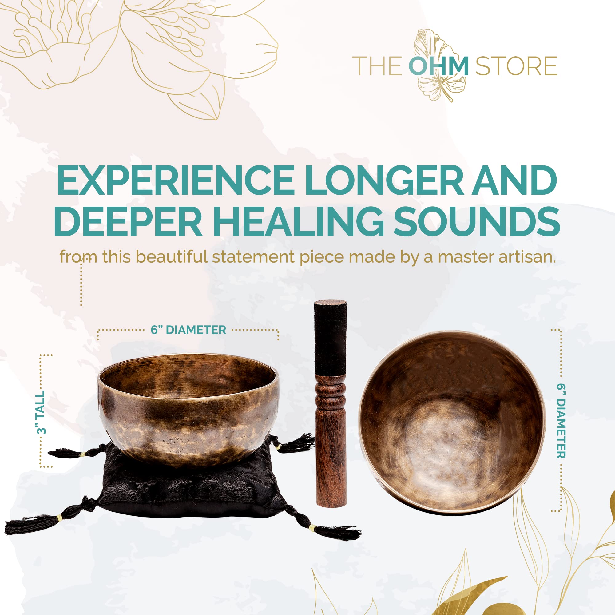 Large Tibetan Singing Bowl Set by Ohm Store β Deep Tone, Pure Bronze Meditation Sound Bath Instrument Handcrafted in Nepal β Tiger Sound Bowl 6 Inch