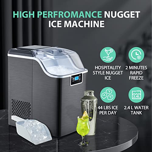 Nugget Ice Maker Countertop, FREE VILLAGE 44Lbs/24H Portable Ice Maker for Soft & Chewable Nugget Pellet Ice, Self-Cleaning, Ice Machine with Ice Scoop & Basket for Home Office Bar Party RV (Black)