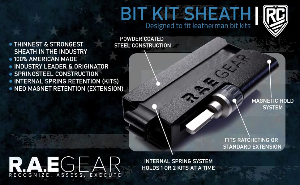 RAE GEAR BIT KIT + RATCHETING EXTENDER with UNIVERSAL BELT SIZE & ROTATABLE BELT CLIP (bit kits and extender NOT included)