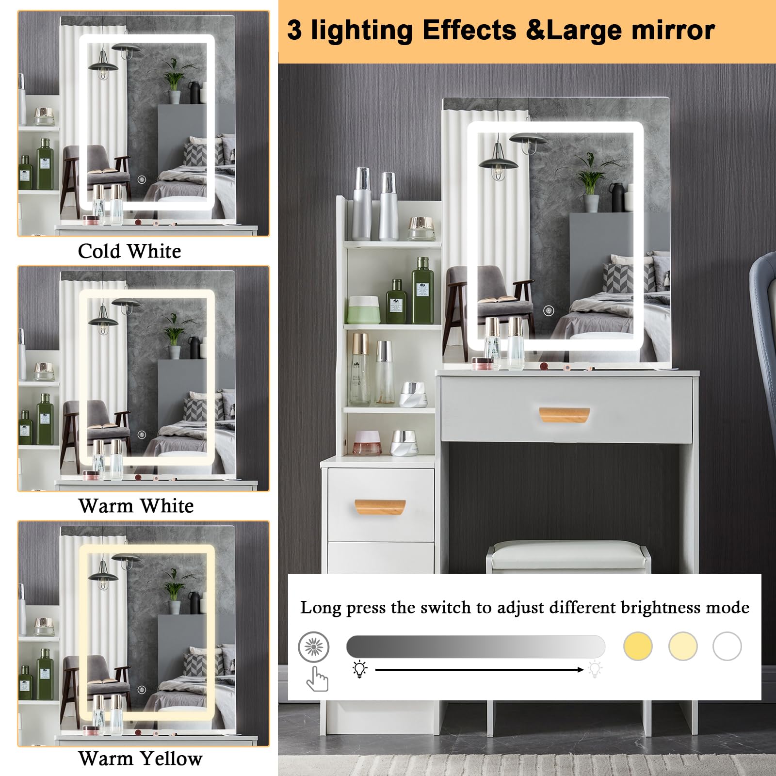 Jarbalai Modern Makeup Table Set with LED Lighted Sliding Mirror, White Vanity Dressing Table with Drawers & Cushion Stool, Large Vanity Set Dresser for Bedroom