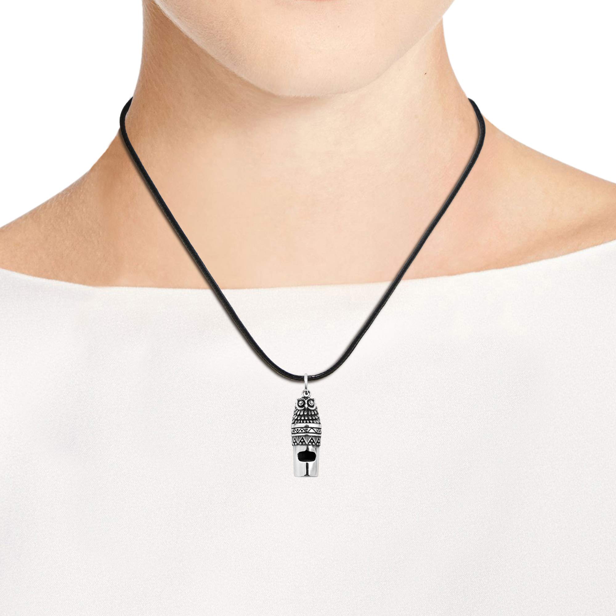 Intricate Detailed 3D Owl Whistle .925 Sterling Silver Pendant Rubber Necklace