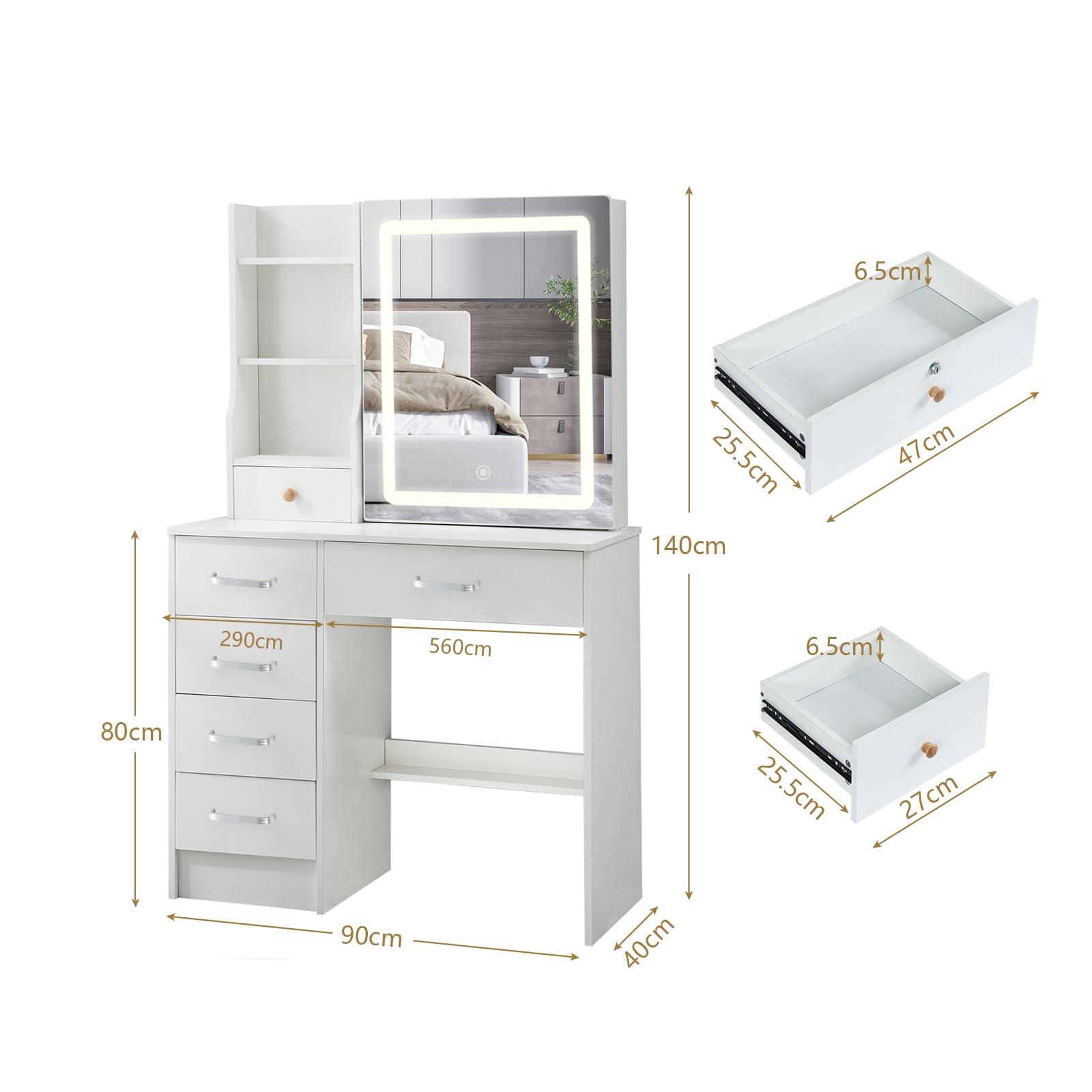 Jarbalai Vanity Desk with Lights, Vanity Table with Lights and Mirror, Makeup Table with 10 LED Lighted Mirror, Dressing Table with 5 Drawers, Makeup Vanity Dresser for Girls Bedroom, White