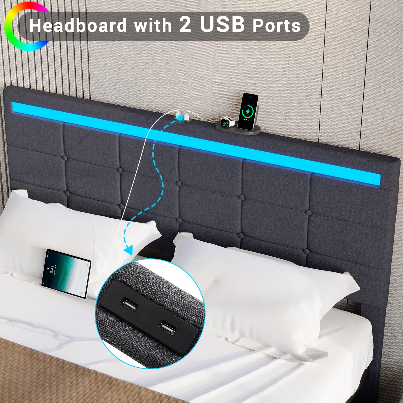HAUOMS Queen Platform Bed with 4 Storage Drawers, Adjustable Headboard LED Lights, Dark Grey