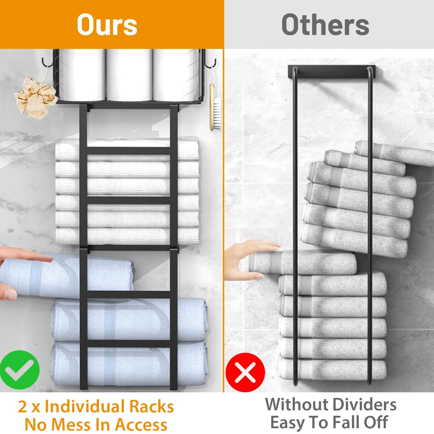 Towel Racks for Bathroom,Towel Rack Wall Mounted with 2 Pack Towel Shelf and a Wire Basket, Rolled Towel Holder Shelf Bathroom Storage and Organizer, Sturdy Metal & Wood, Black