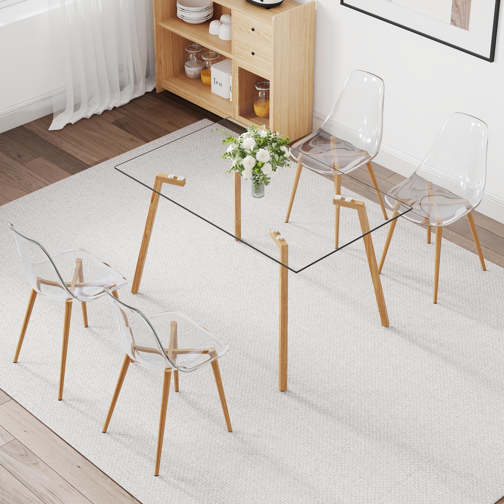Henf Transparent Dining Table Set for 4 Persons,5-Piece Dining Table Set with 4 Plastic Chair for Kitchen Dinette,51'' Glass Dining Room Table and Chair Set,Breakfast Nook w/ 4 Chairs (Light Brown)