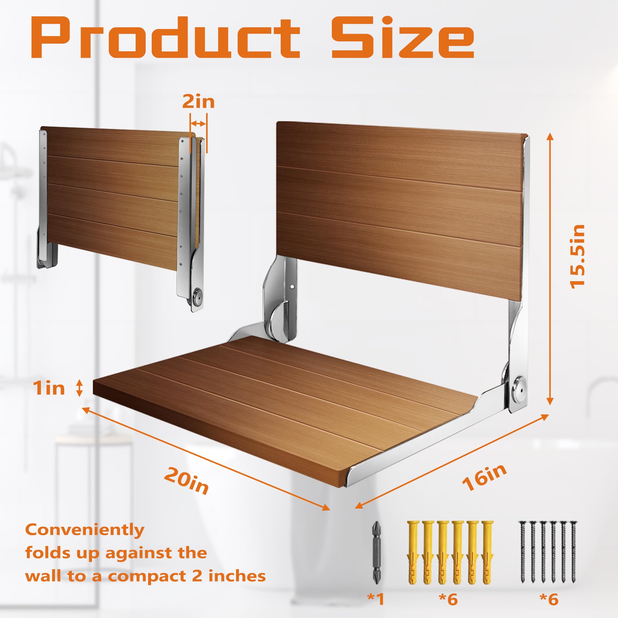 Teak Shower Bench 20'', Folding Shower Chair Wall Mounted, Wood Folding Shower Seat, Teak Shower Bench for Inside Shower, 500 lbs Capacity, Silver