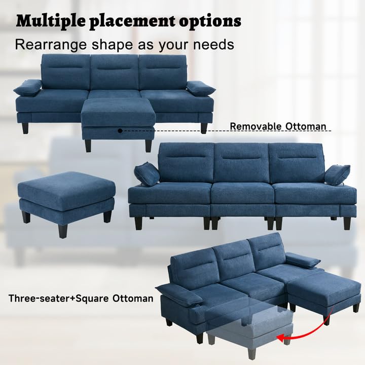YAMOBO Sectional Sofa Couch, L-Shaped 3 Seat with 1 Movable Ottoman, Small Sectional Couches for Living Room, Apartment, Offices, Blue