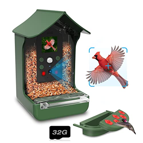 NUOTUN Smart Bird Feeder Camera with PIR Motion Detection - 1080P Auto Capture Photo&Video - Night Vision Bird House - with Hummingbird Feeder & Mounting Accessories - 32G Card
