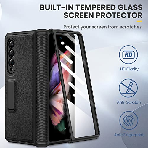 Ruky for Samsung Galaxy Z Fold 3 Full Body Case, Magnetic Kickstand, Hinge Protection, Built-in Screen Protector PU Leather Stand Case for Samsung Galaxy Z Fold 3 5G, Black