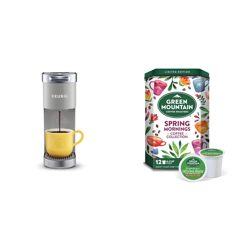 Keurig K-Mini Plus Coffee Maker, Studio Gray With Green Mountain Coffee Roasters Spring Mornings Coffee Collectible Tin, 12 Count