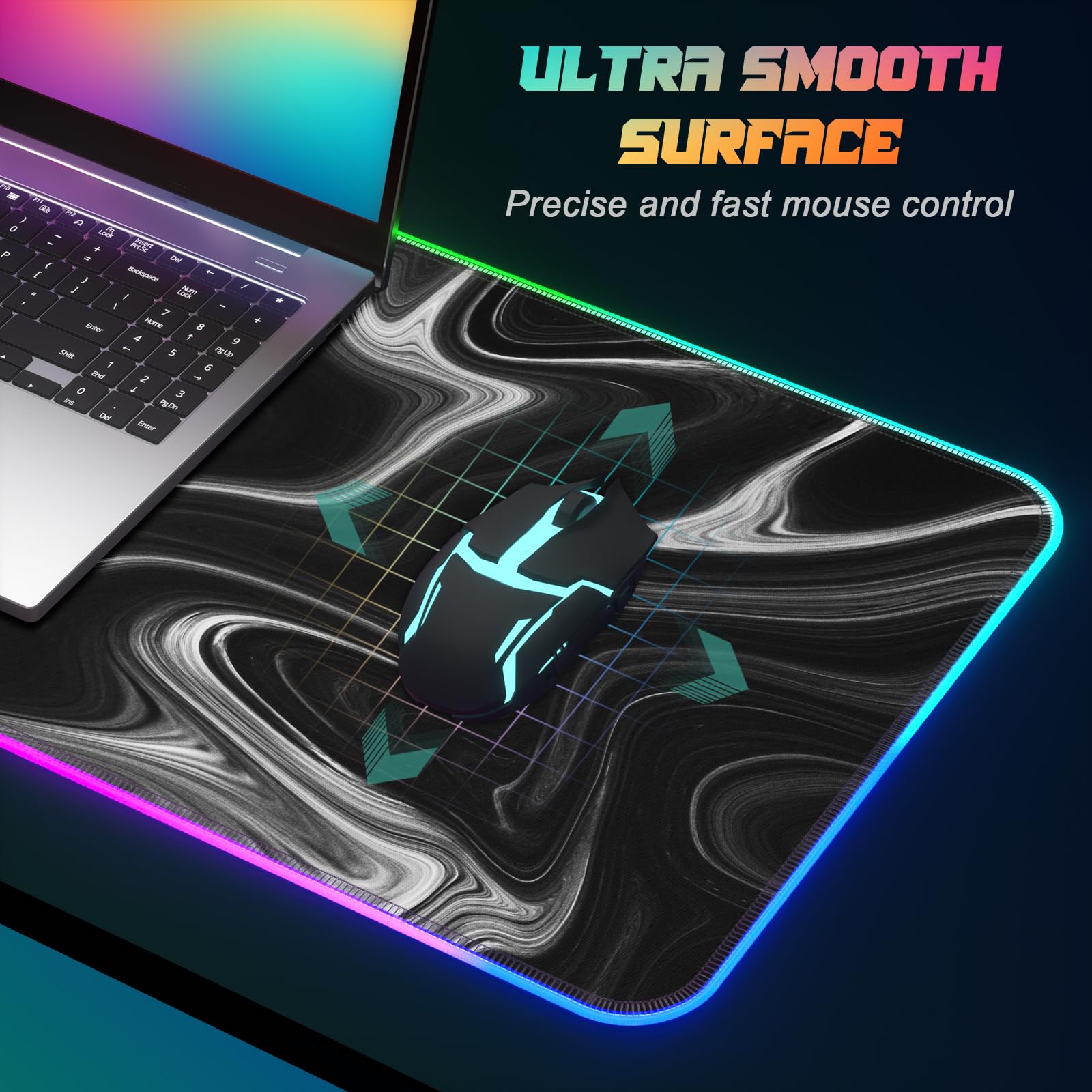ITNRSIIET RGB Gaming Mouse Pad, Full Desk XL Extended Large Gaming Mousepad, 12 Lighting Modes, 30% Thicker, Big LED Desk Mat for Keyboard Computer Men Gamers, 32" x 12", Abstract Black and White