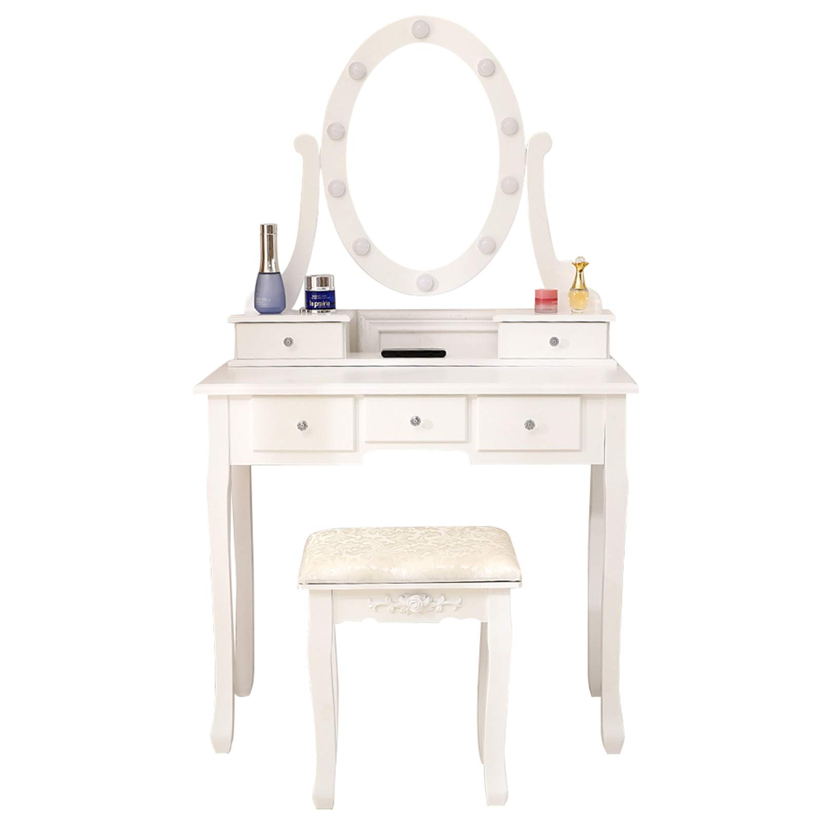 IMGDD Vanity Desk with Mirror and Lights with Light Bulb,Single Mirror Makeup Vanity 5 Drawer Dressing Table,Vanity Mirror with Lights Desk and Chair Makeup Desk White