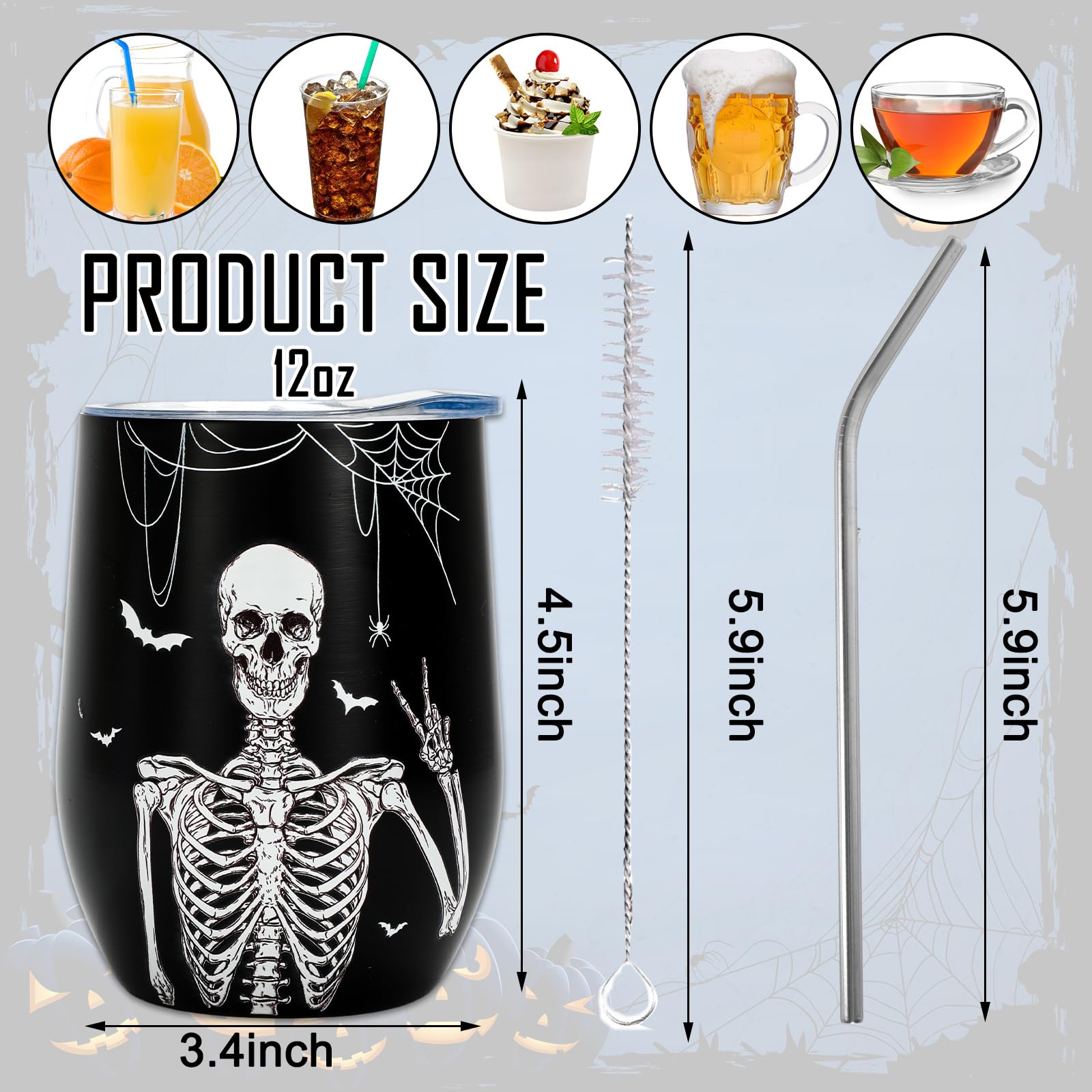 Whaline Halloween Stainless Steel Wine Tumbler with Straw and Lid Black White Skull Bat Coffee Mug Skeleton Insulated Wine Tumbler for Hot and Cold Drinks Gift