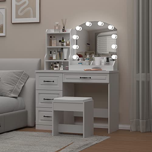 Vabches Makeup Vanity Desk with Lights and 4 Drawers, White Vanity Set Makeup Table Lots Storage, 3 Lighting Colors, Large Size 39.4in(L), White-L