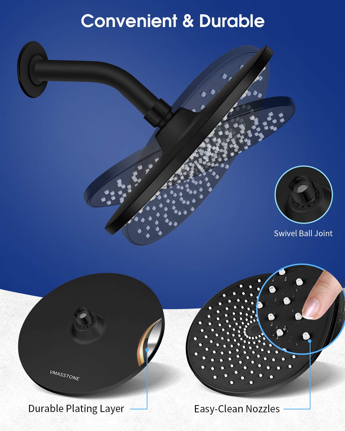 Rain Shower Head VMASSTONE 9In High Pressure Showerhead - Tool Free Installation- with Large Spray Surfaces and 200 Nozzles for Delicate and Unstimulate Shower Experience (EM-001 Matte Black/Black)