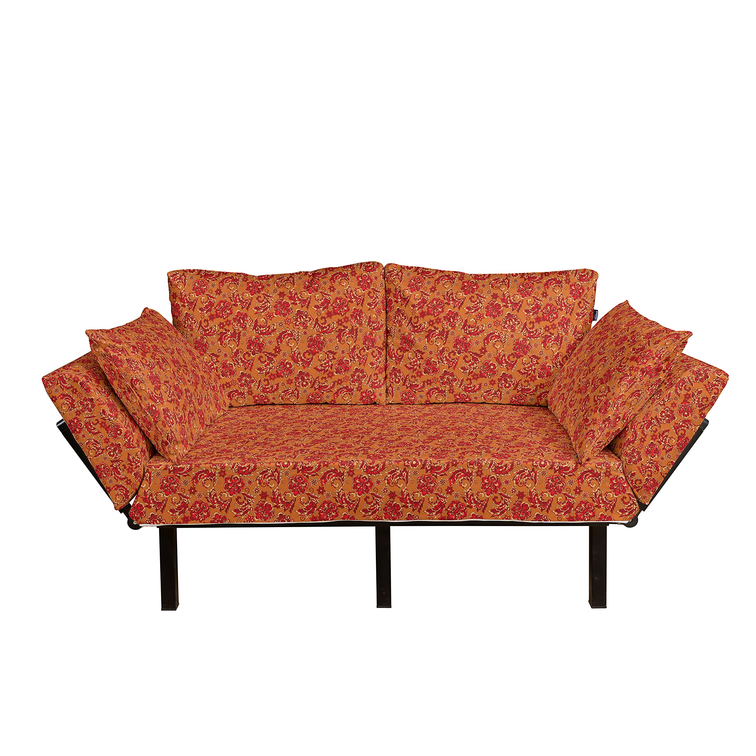 Lunarable Batik Futon Couch, Nostalgic Western European Medieval Renaissance Inspired Eastern Bohemian Pattern, Daybed with Metal Frame Upholstered Sofa for Living Dorm, Loveseat, Red Orange