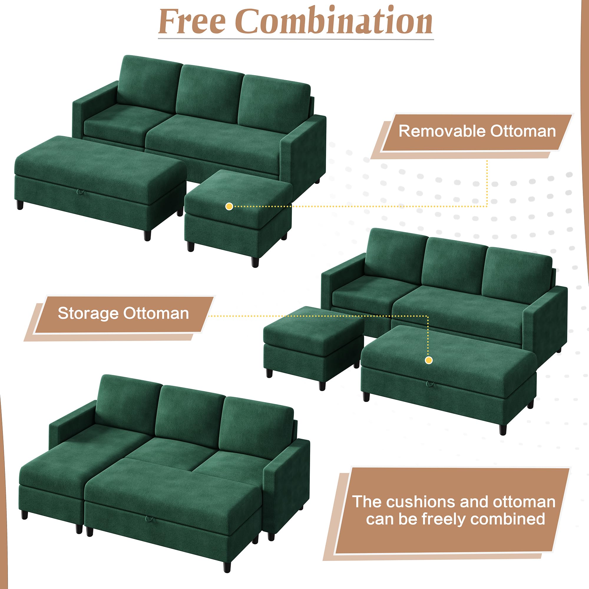 JAMFLY 79'' Sectional Sofa Couch with Storage Ottoman, Living Room Furniture Set Small Deep Convertible Sofa, L-Shaped Couch Wide Reversible Chaise with Linen Fabric (Deep Grey)