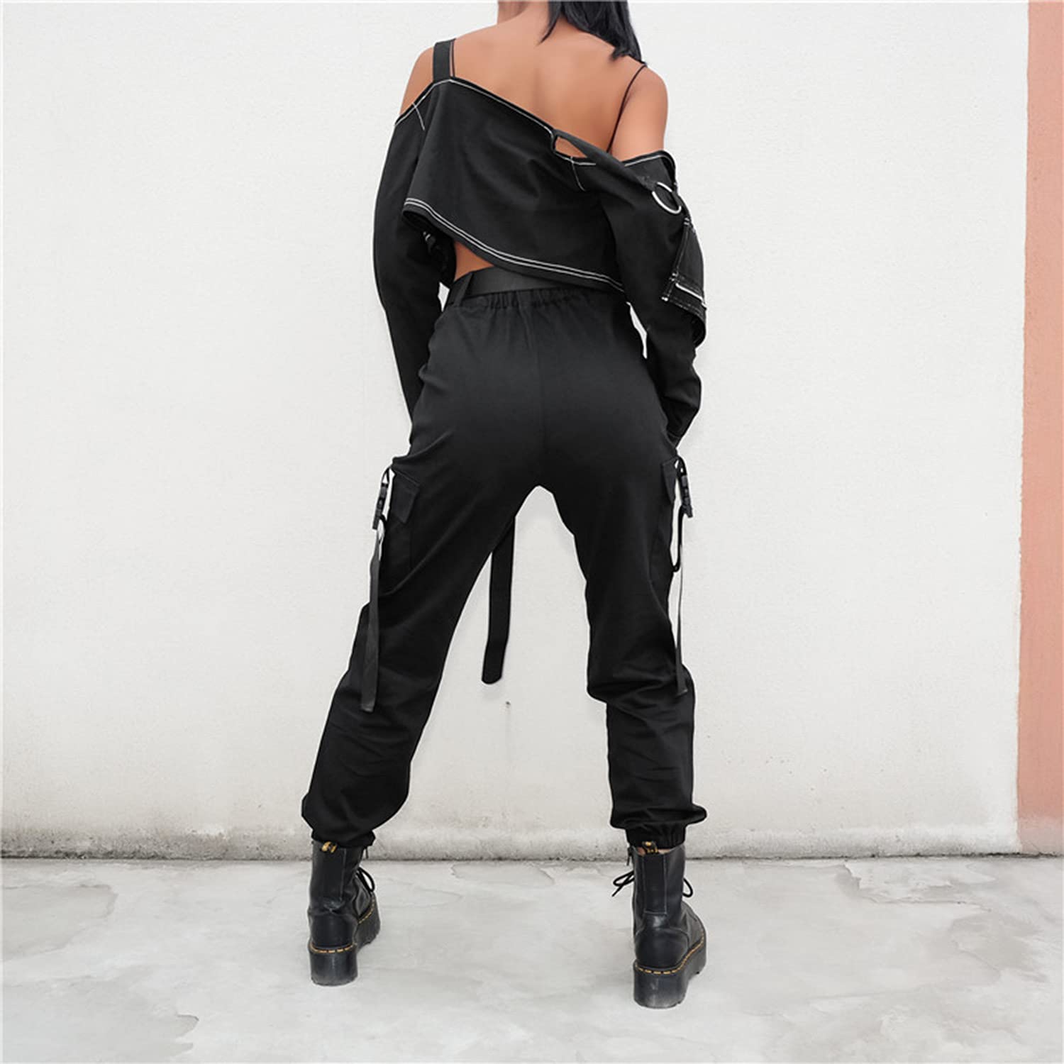 JEAAMKSSER Womens High Waisted Black Cargo Pants with Pockets Baggy Solid Y2k Streetwear Pants # Black M