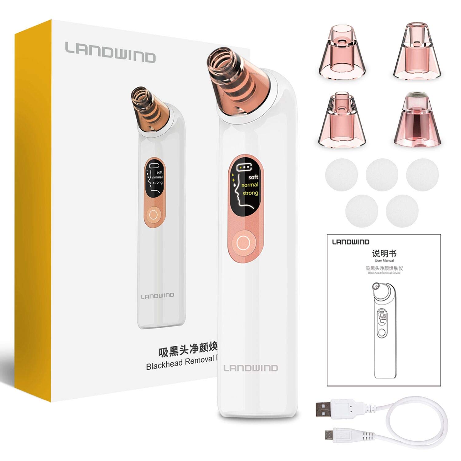 LANDWIND Blackhead Remover, acne suction tool, Facial Cleanser Pore Vacuum, with 4 Probes and 3 Adjustable Suction Level, USB Rechargeable, LED Display, for blackhead, pimple, zit, white heads, Grease