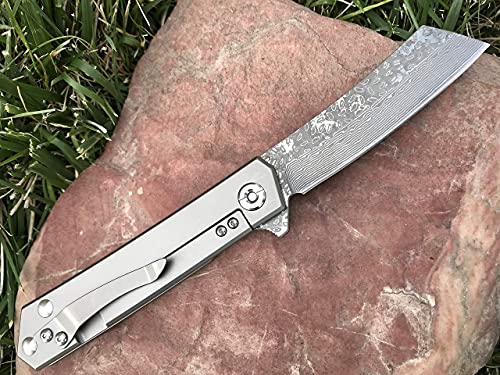 TACTICAL GEARZ Custom Damascus Steel EDC Pocket Folding Knife, Solid Tc4 Titanium Handle! Includes Sheath! For Outdoor Camping, Hiking, Gifts for Men, Birthday Gifts (Silver XS)