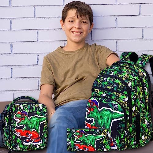 TXHVO 3PCS Dinosaur Backpack for Boys, Kids School Bookbag with Lunch Box, 17 Inch Teen Boy Laptop Backpacks