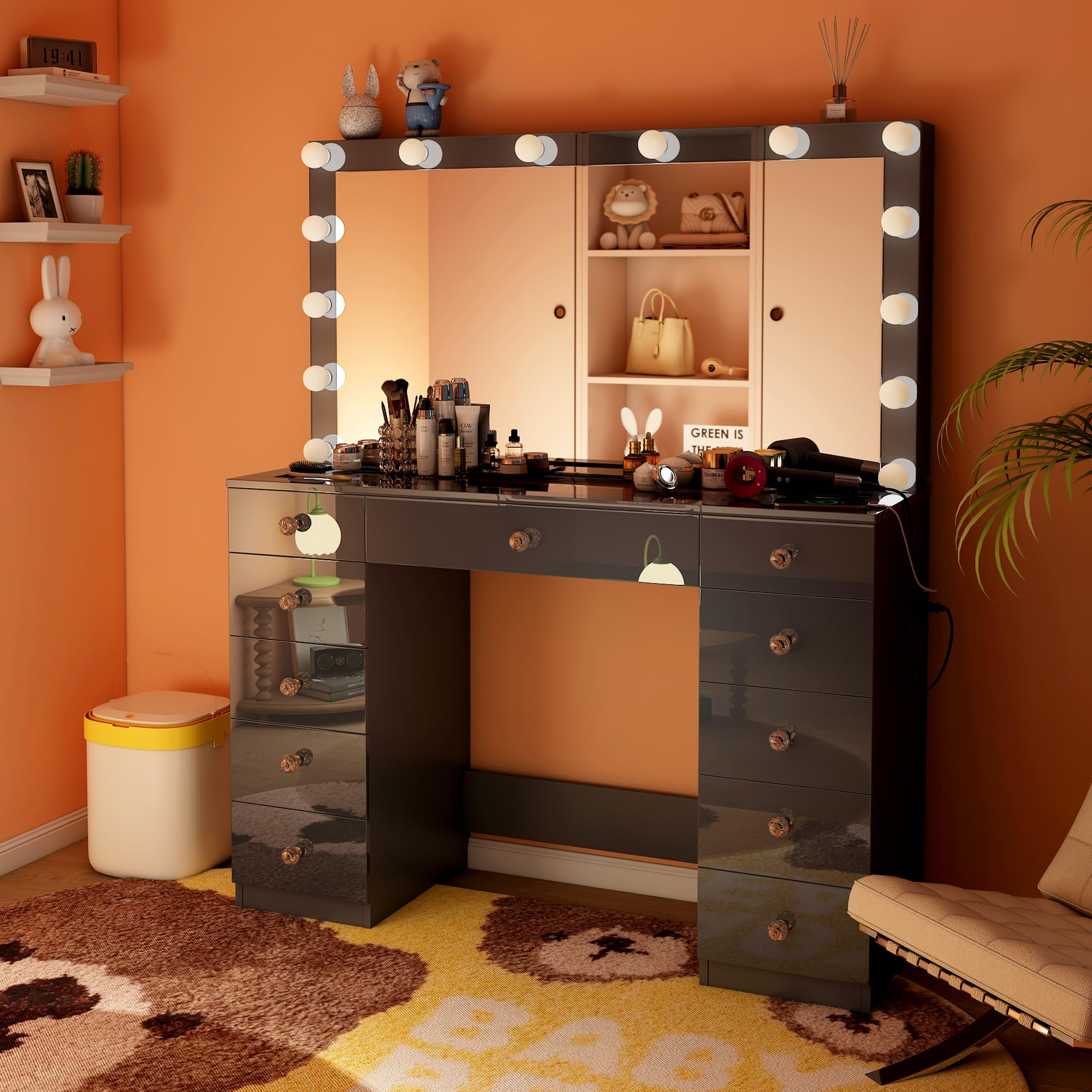 wanan Vanity Desk with Power Outlet, Makeup Vanity with Mirror and 14 LED Light, 3 Lighting Modes,11 Drawer Vanity Table with Sliding Jewelry Storage, Glass Top, Specular Surface, White