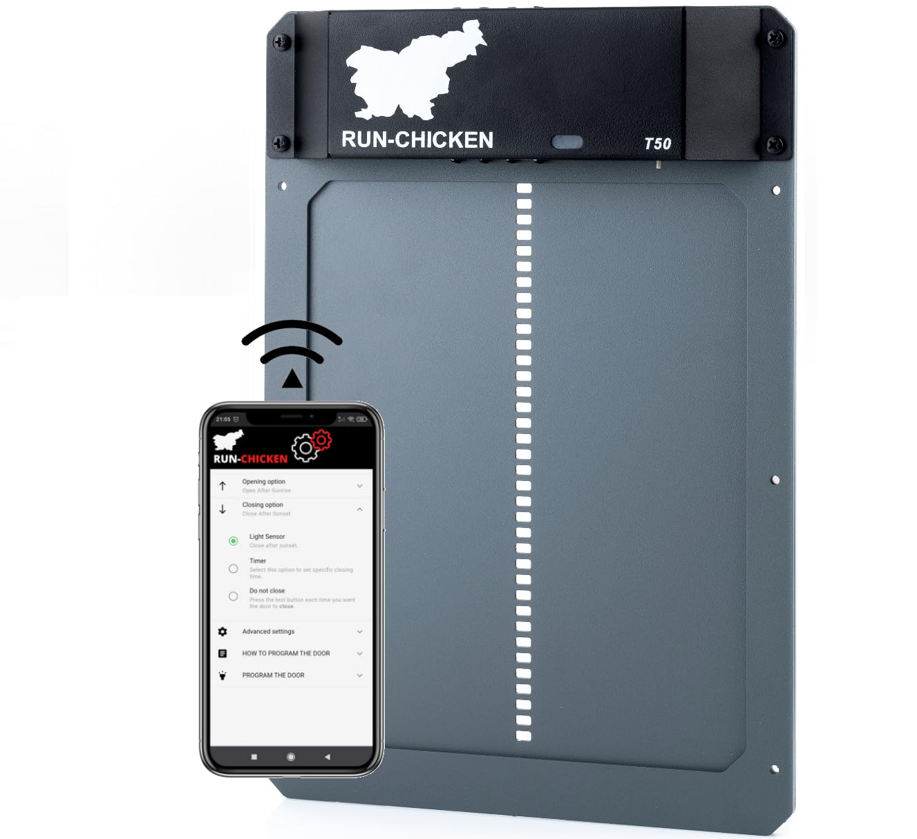 RUN-CHICKEN Door (Gray) Automatic Chicken Coop Door, Programmable with App, Battery Operated, Evening and Morning Delay, Aluminum Door, Electric Chicken Run Door, Model T50