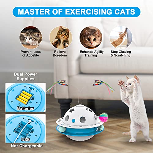 Tyasoleil 3 in 1 Smart Cat Toys, Interactive Cat Roly Poly Toy, Electric Indoor Kitten Toys, Fluttering Butterfly,Random Whack-A-Mole Mice, Dual Power Supplies, Auto On/Off(Blue)