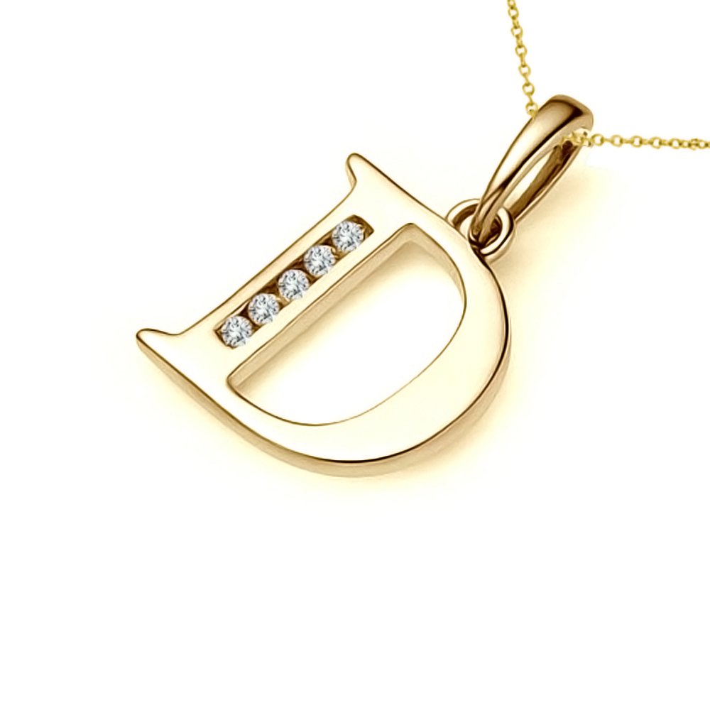 Jascina 0.10 Carat Diamond Alphabet Letter D” Initial Solitaire Pendant Necklace with 18" Chain 14K Yellow Gold