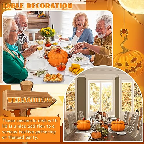 Uiifan 2 Pcs Pumpkin Bowls Ceramic Pumpkin Dish Casserole Cookware 17 oz Pumpkin Pots for Cooking Orange Cute Pumpkin Bowl Safe Oven Pot with Lid Double Ear for Halloween Thanksgiving Baking