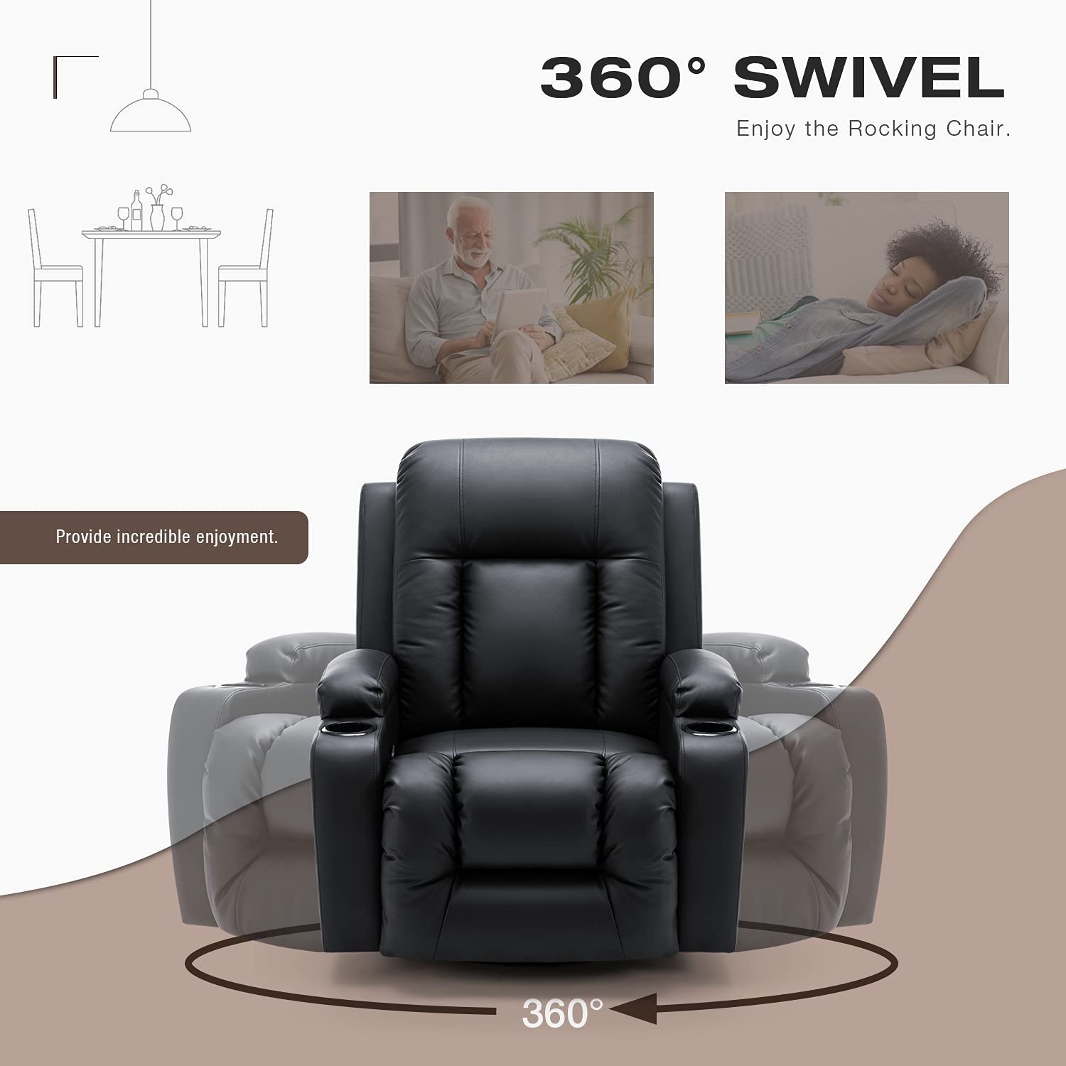 JOMEED Massage Rocking Recliner Chair with Heated 360 Degree Swivel PU Leather Recliner Sofa with Cup Holders for Living Room, Vibration