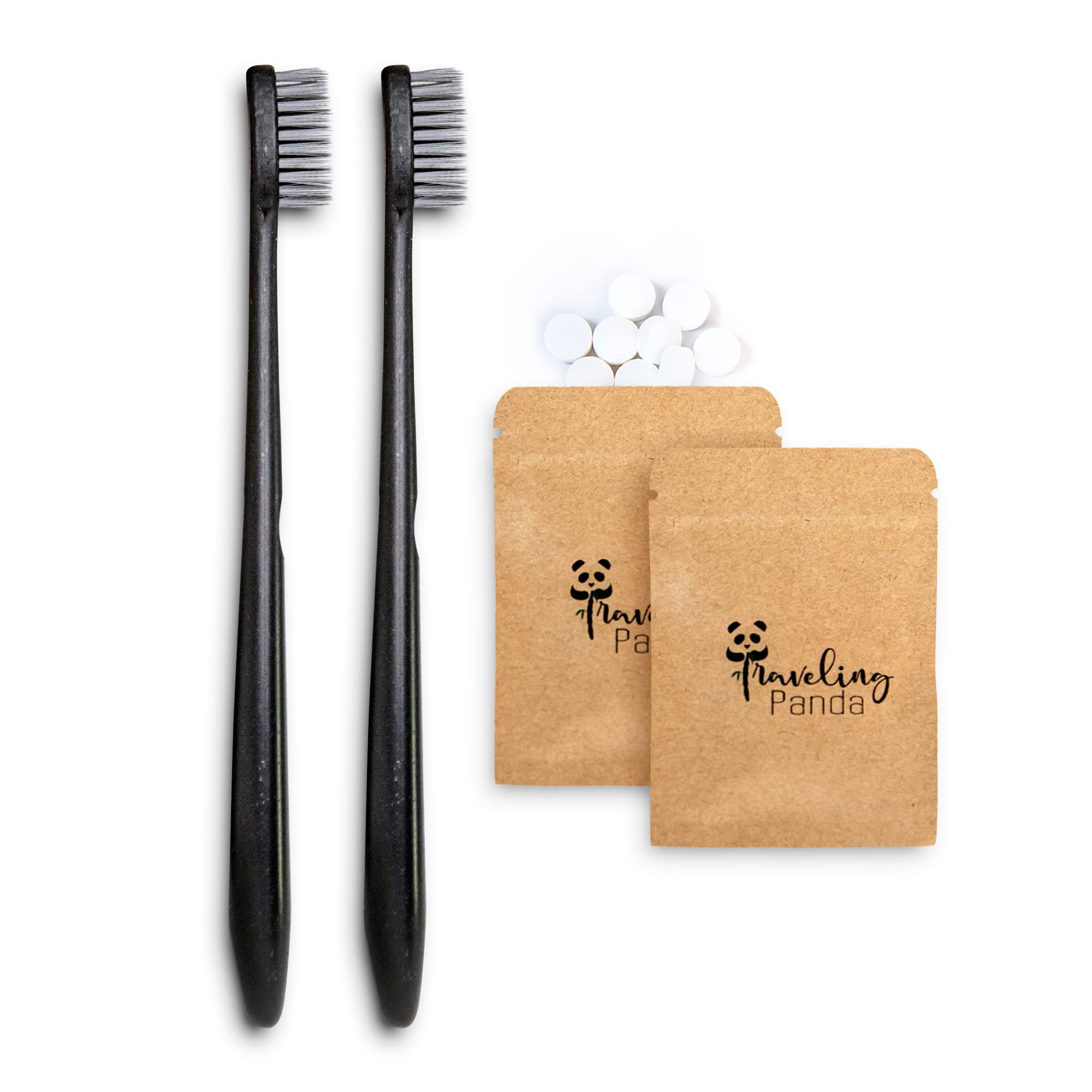 Traveling Panda Wheat Straw Toothbrushes, Charcoal Infused Soft Bristles Whitening, Travel Toothbrush Kit, Includes Brushes and Mint Toothpaste Tablets, 2 Large Brushes, 20 Tabs