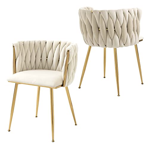 Upholstered Velvet Dining Chairs Set of 2, Modern Living Room Chair with Woven Back and Golden Metal Legs, Mid-Century Accent Side Chair for Dining Room, Living Room, Kitchen, Vanity Room, Ivory