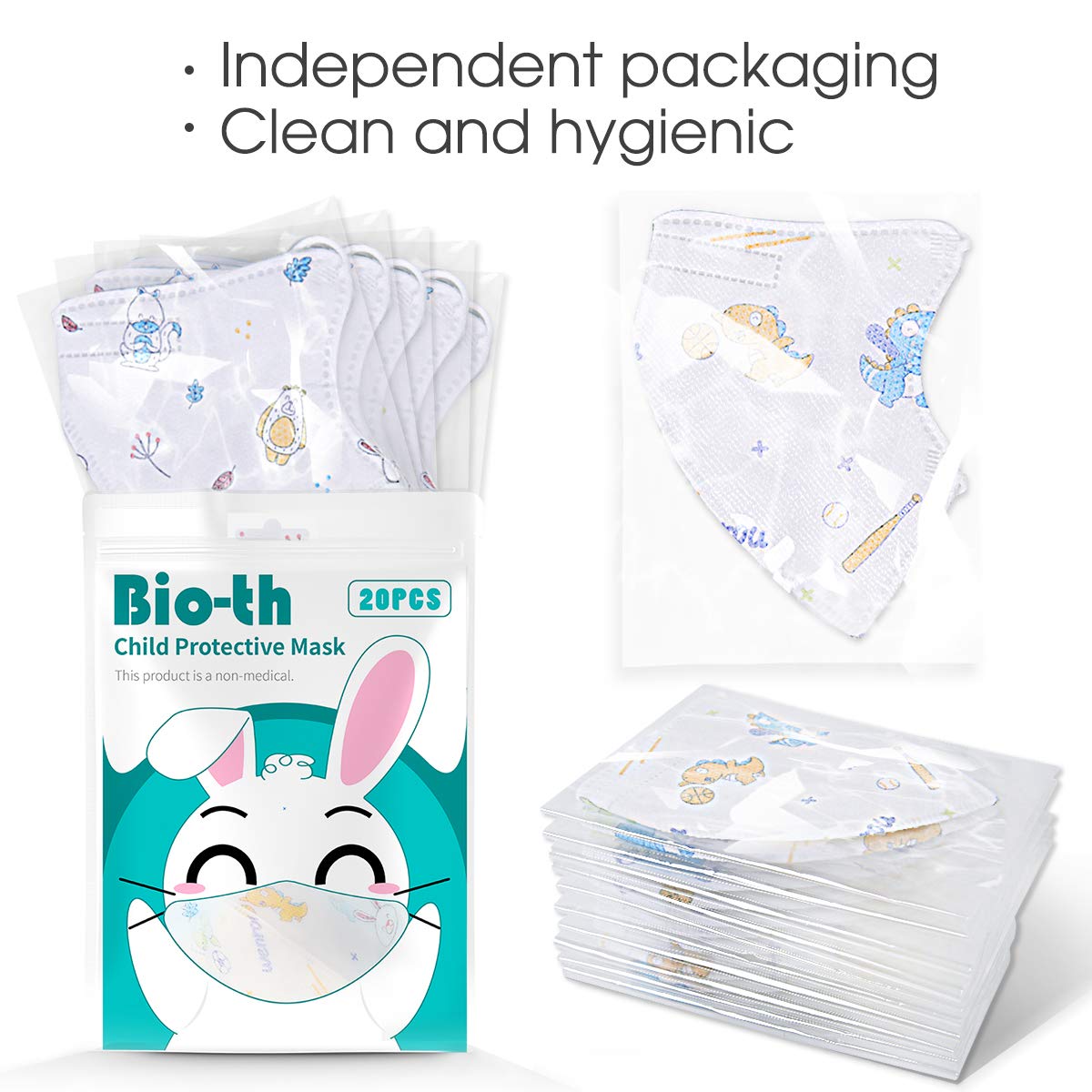 Kids Face Mask Individually Wrapped Reusable 20 Pack 4 Layers Cup Dust Face Masks for Kids Boys Girls (3-8 Years)